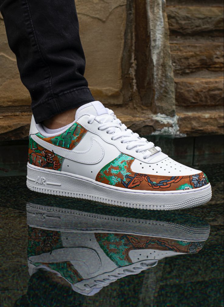 Custom Air Force 1 Shoes White with Green and Orange Patterns – oicustom