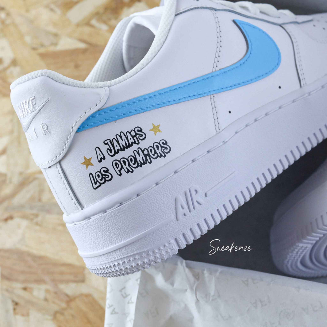 Custom Air Force 1 White Baby Blue Swoosh With Text – oicustom