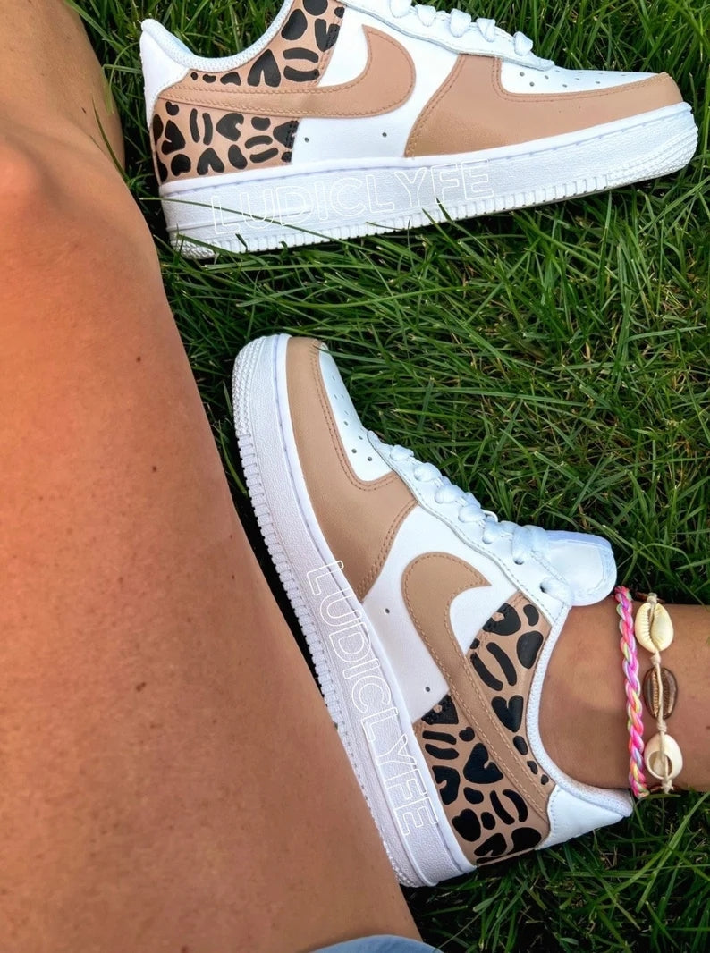 Custom Air Force 1 White Beige With Leopard Print – oicustom