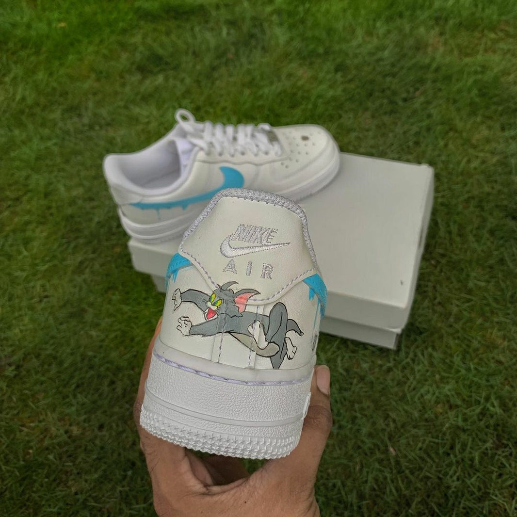 Custom Air Force 1 White With Blue Drip And Tom And Jerry Design – oicustom