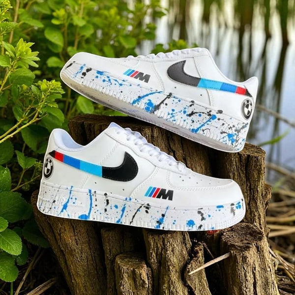 Custom Air Force 1 White With BMW Logo And Blue Splatter – oicustom