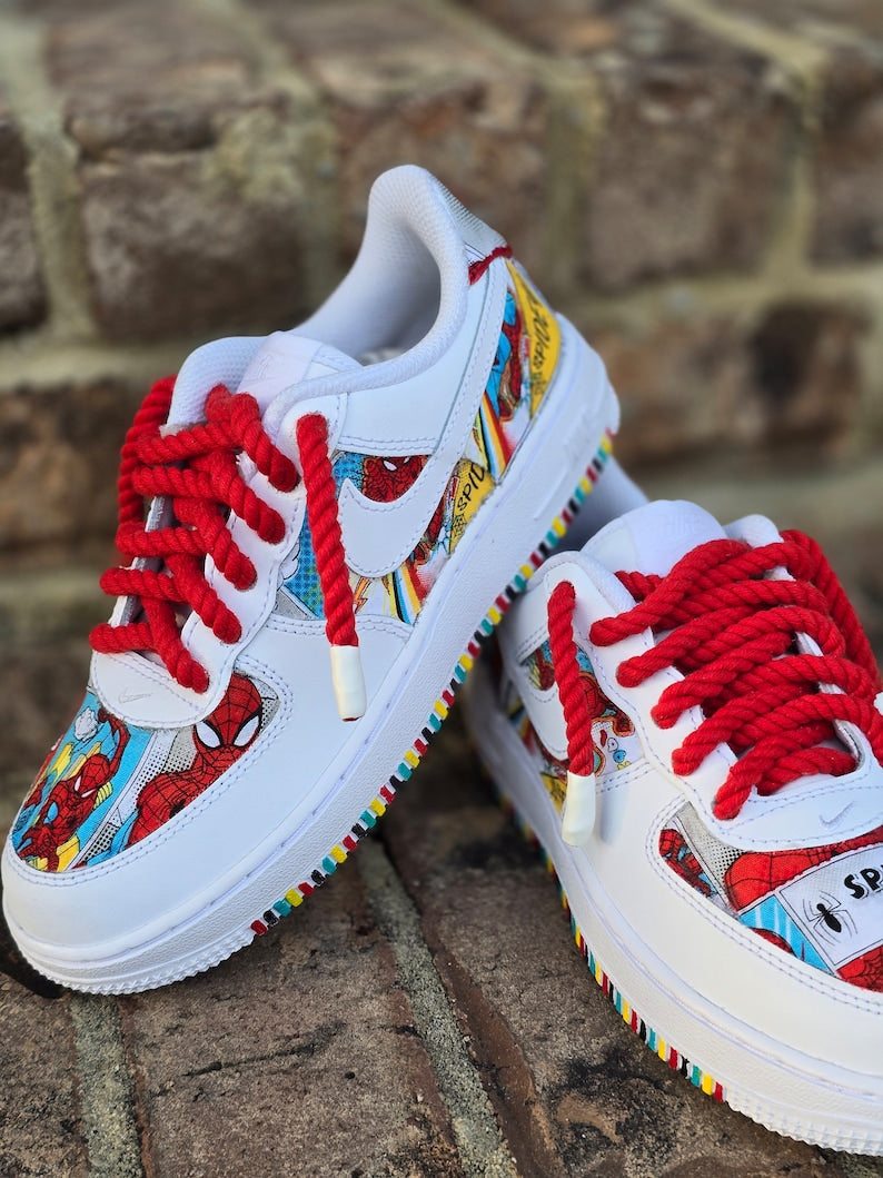 Custom Air Force 1 White With Spider - Man Comic Pattern And Red Laces ...