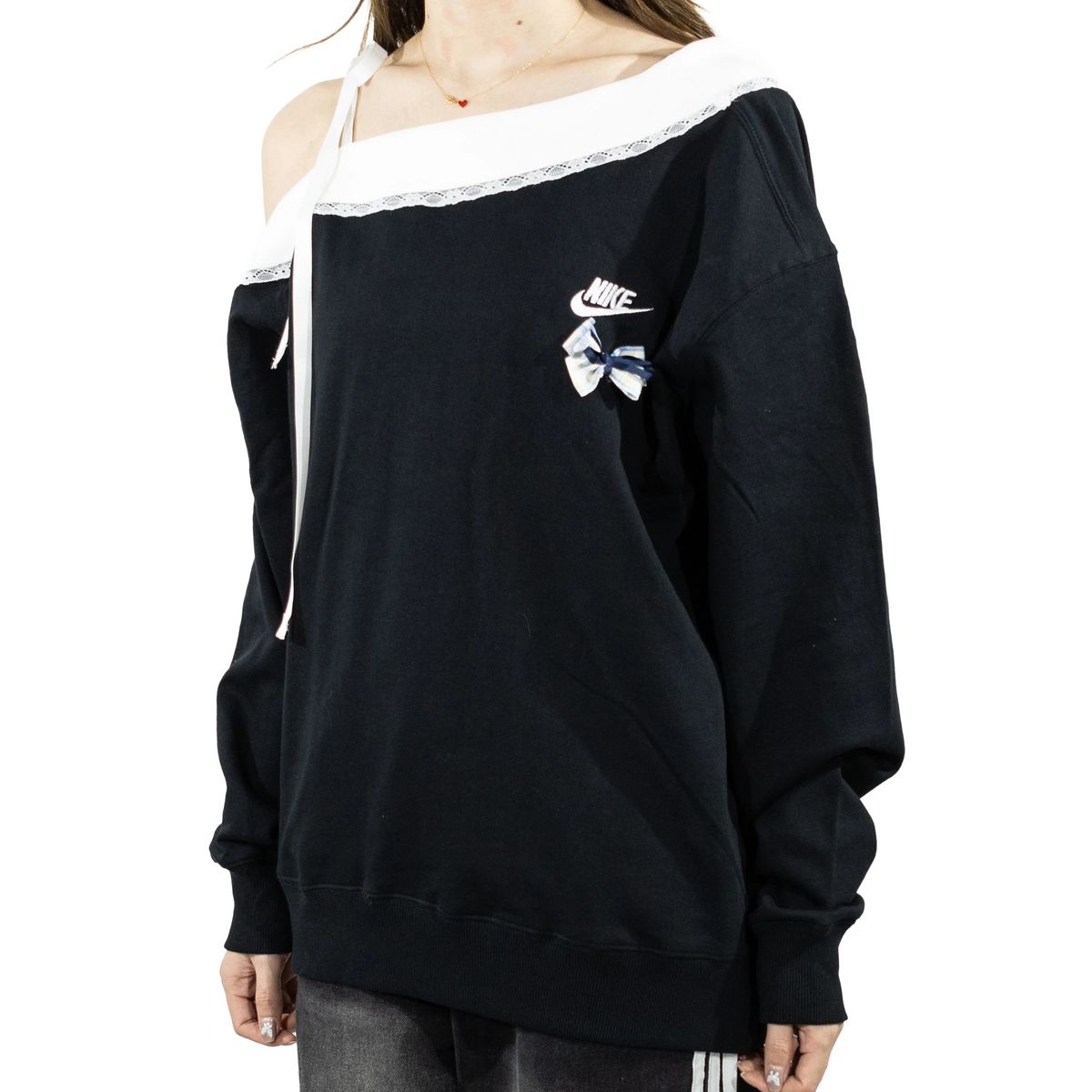 Custom Nike Sweatshirt Off Shoulder Black White Lace Bow – oicustom